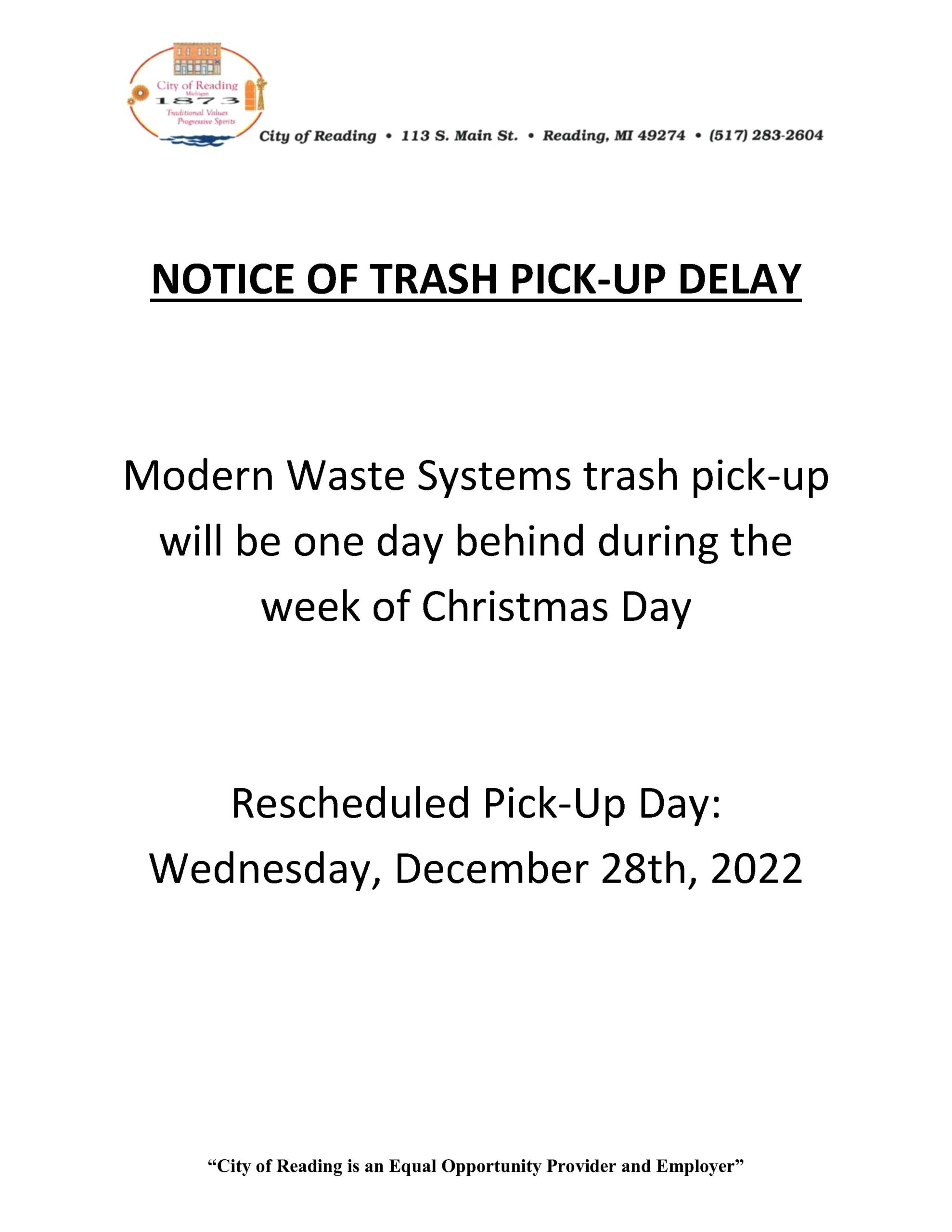 Notice of Trash Pick-Up Delay – Wednesday, December 28th, 2022 - City ...